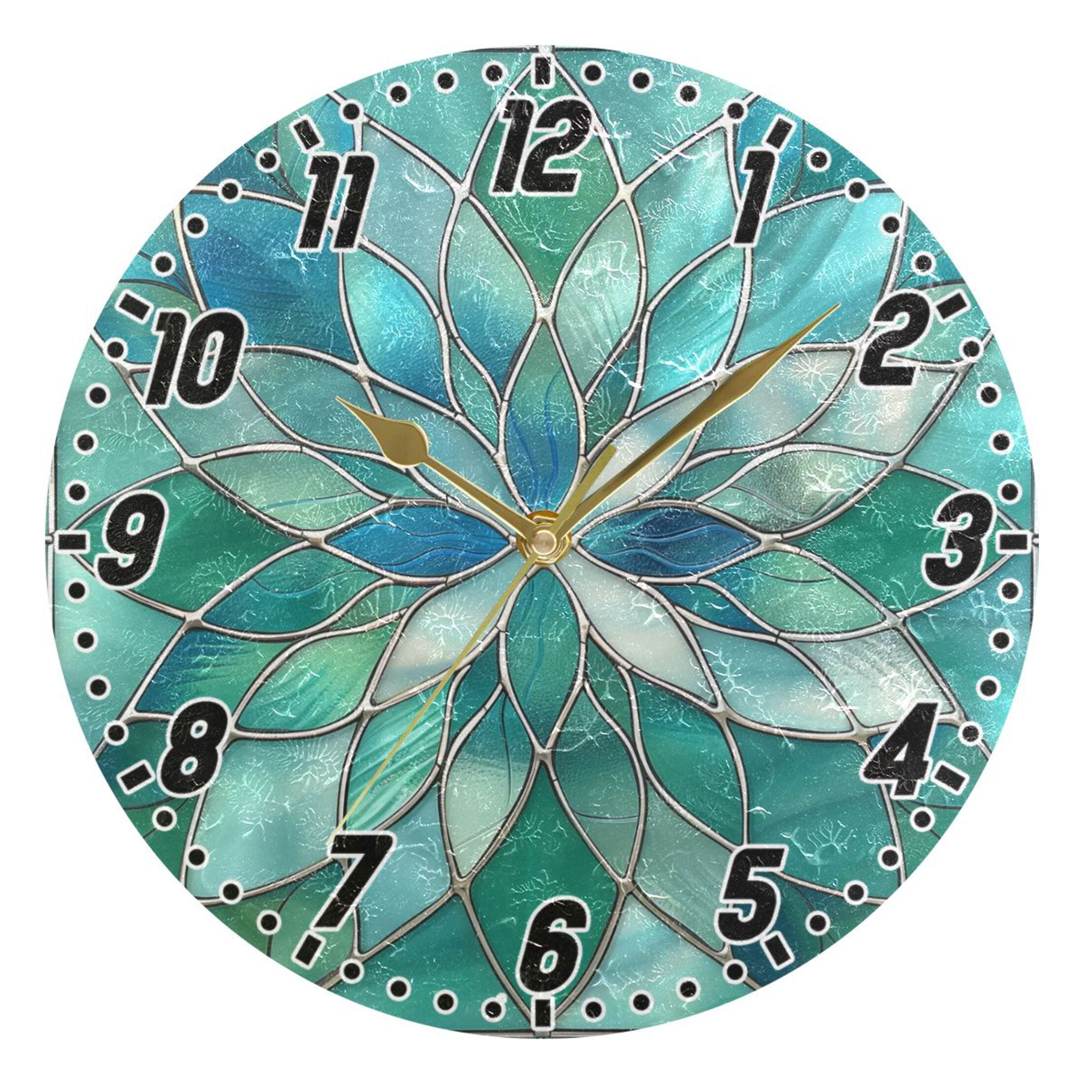 Floral Stained Glass Round Wall Clock Battery Operated Silent Non ...