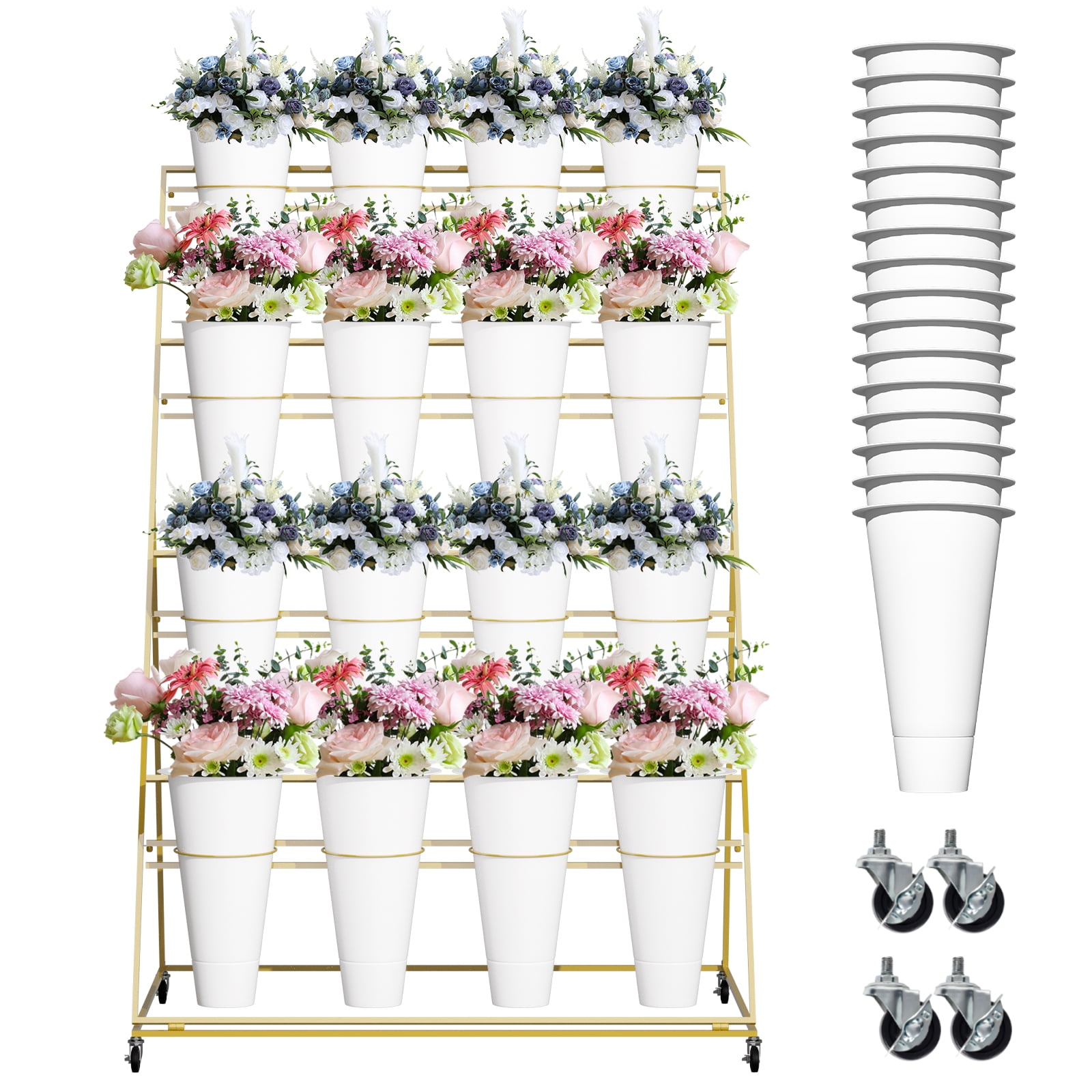 Floral Stand Plant Display Stand, 4-Tier Gold Flower Cart with 16 ...