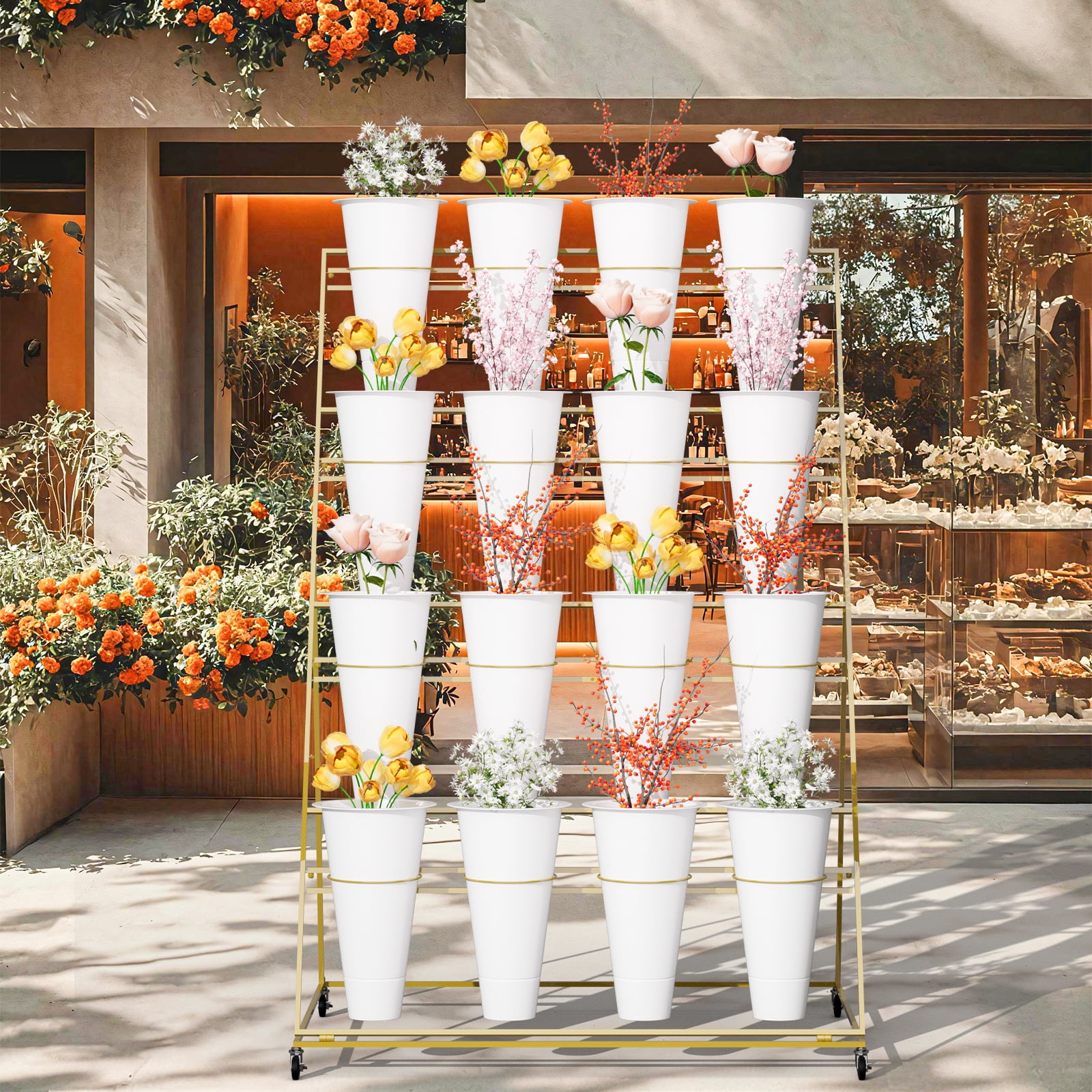 Floral Stand Plant Display Stand, Flower Cart Shelf with 4-Tier Gold ...