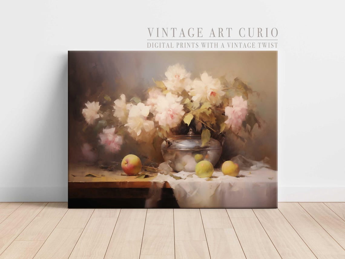 Floral Still Life Art Print, Roses And Apples, Victorian Farmhouse ...