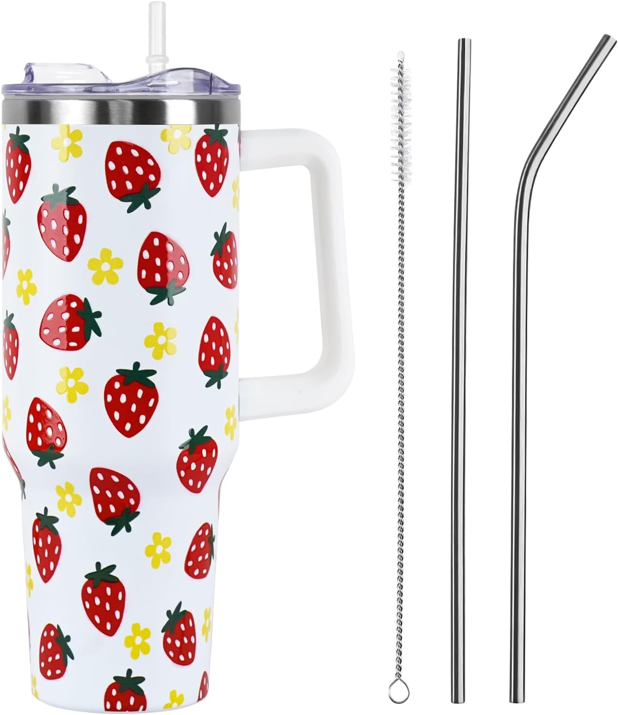 Floral Strawberry Tumbler with Handle and Straw Lid 40 oz,Cute Spring ...