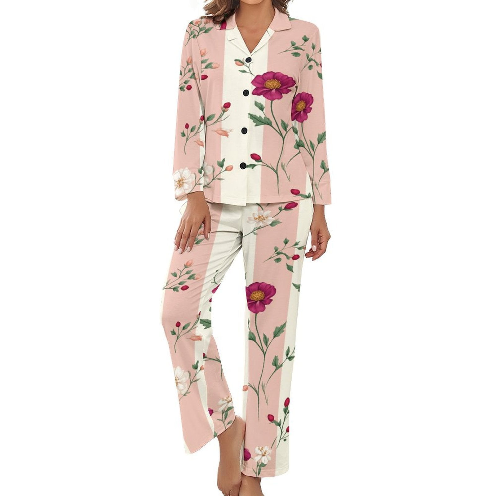 Floral Stripes Pink White Roses Pajamas Woman Vintage Pajamas Set 2 ...
