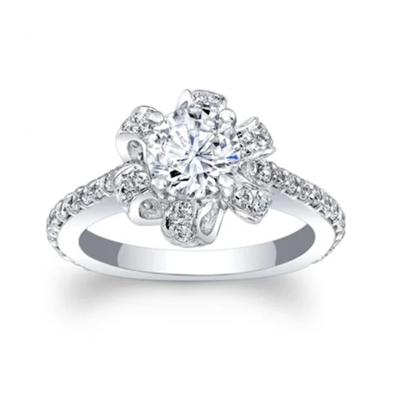 Floral Style Diamond Engagement Ring, 14K White Gold Plated, Gorgeous ...