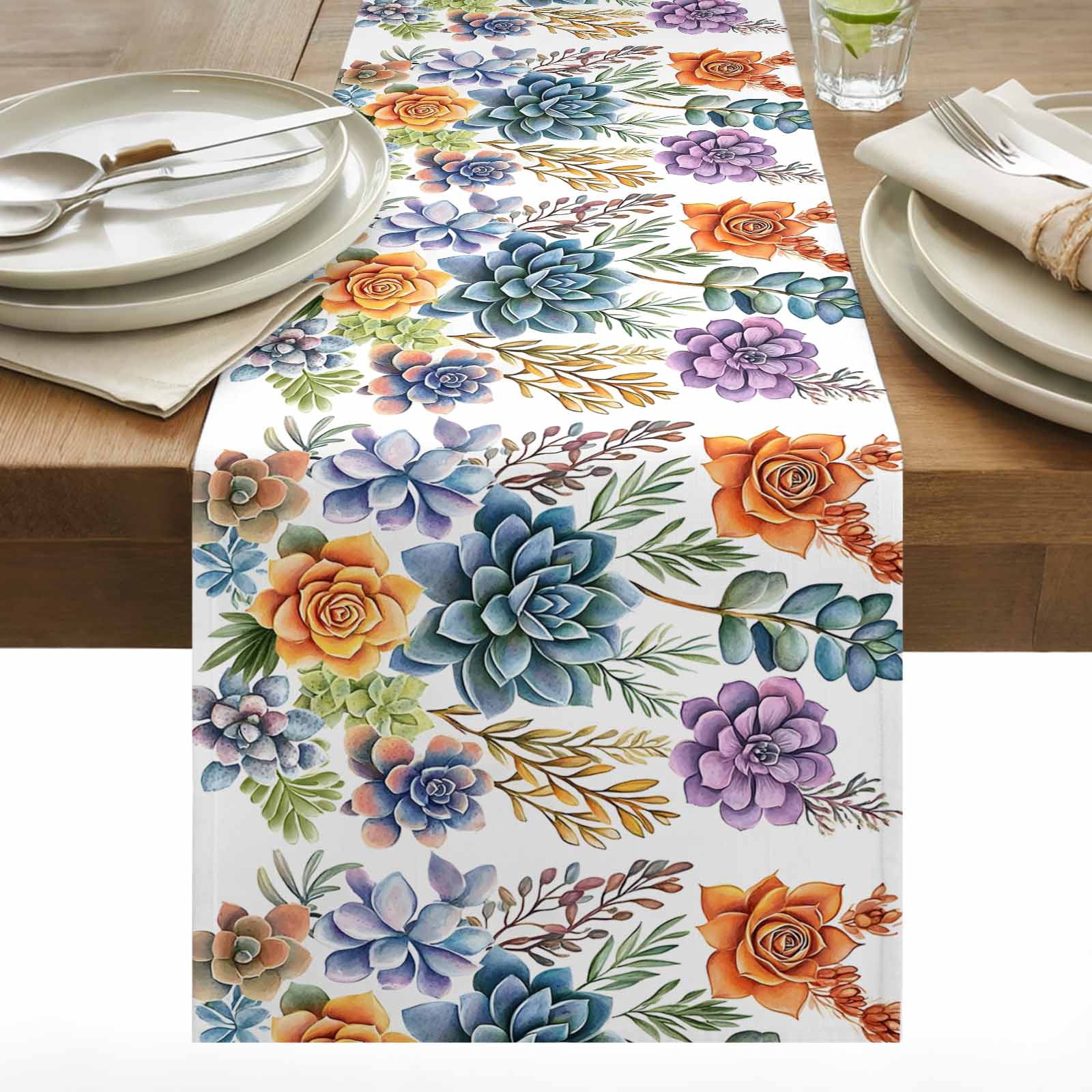 Floral Succulents Cotton Linen Table Runner Spring Green Purple Flower ...