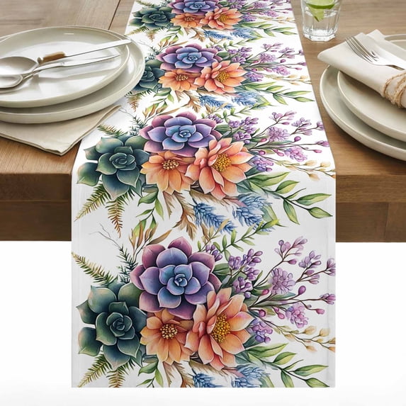 Floral Succulents Cotton Linen Table Runner Spring Green Purple Flower ...