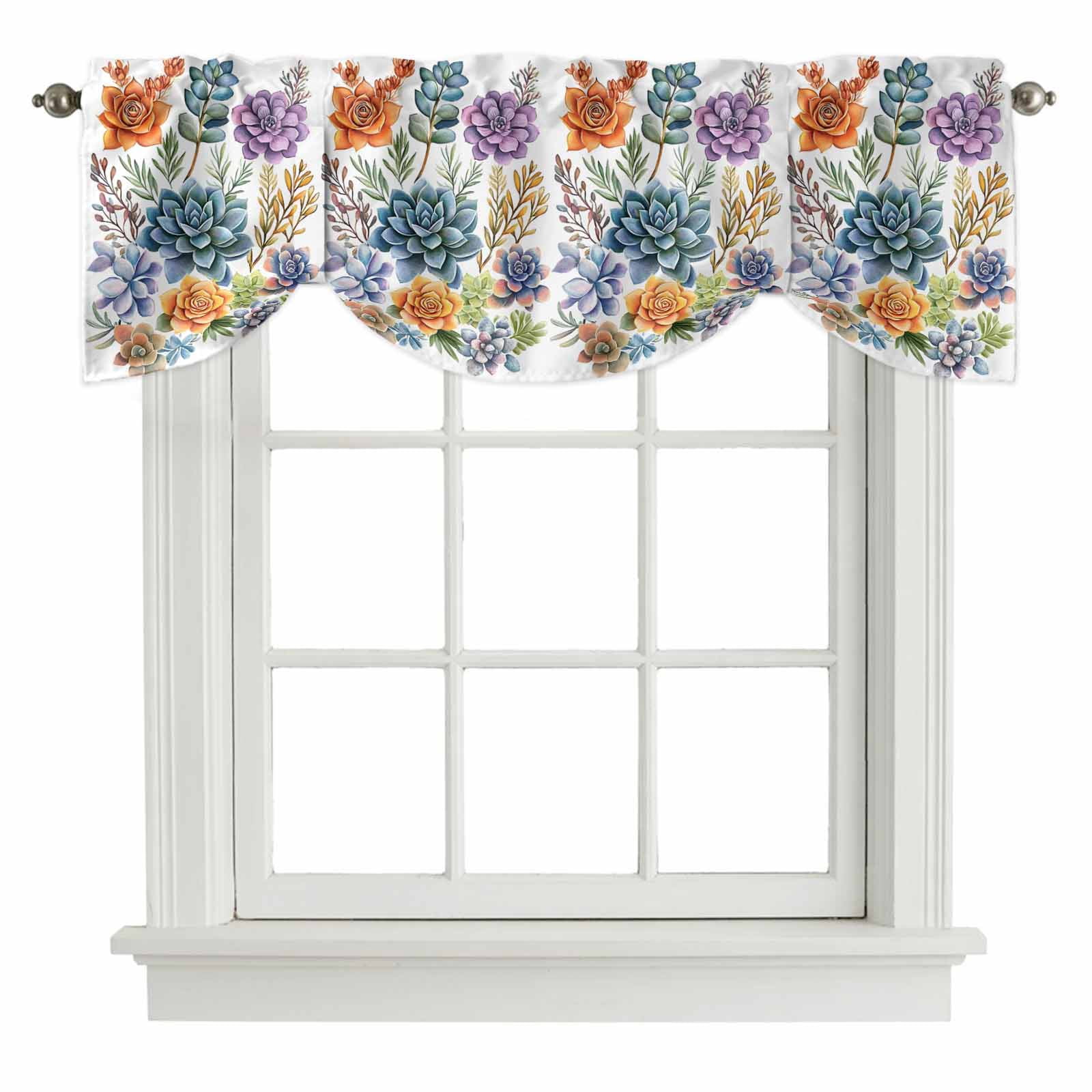 Floral Succulents Tie Up Valance for Windows, Spring Green Purple ...