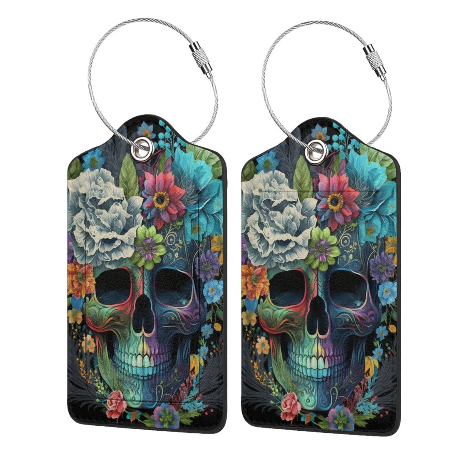Floral Sugar Skull Flowers Luggage Tag for Suitcase 2 Pack Leather ...