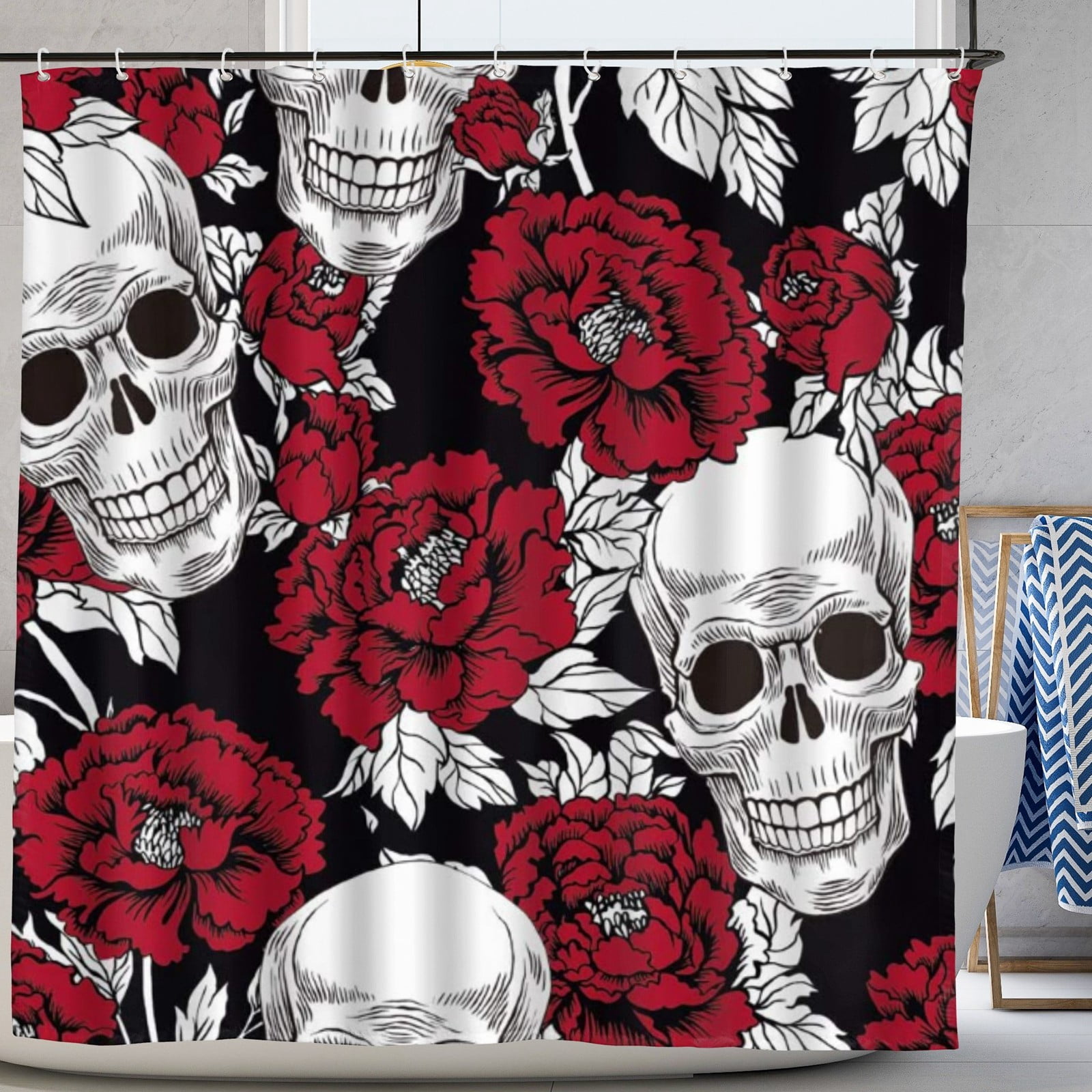 Floral Sugar Skull Skeleton Horror Art Polyester Bathroom Shower ...