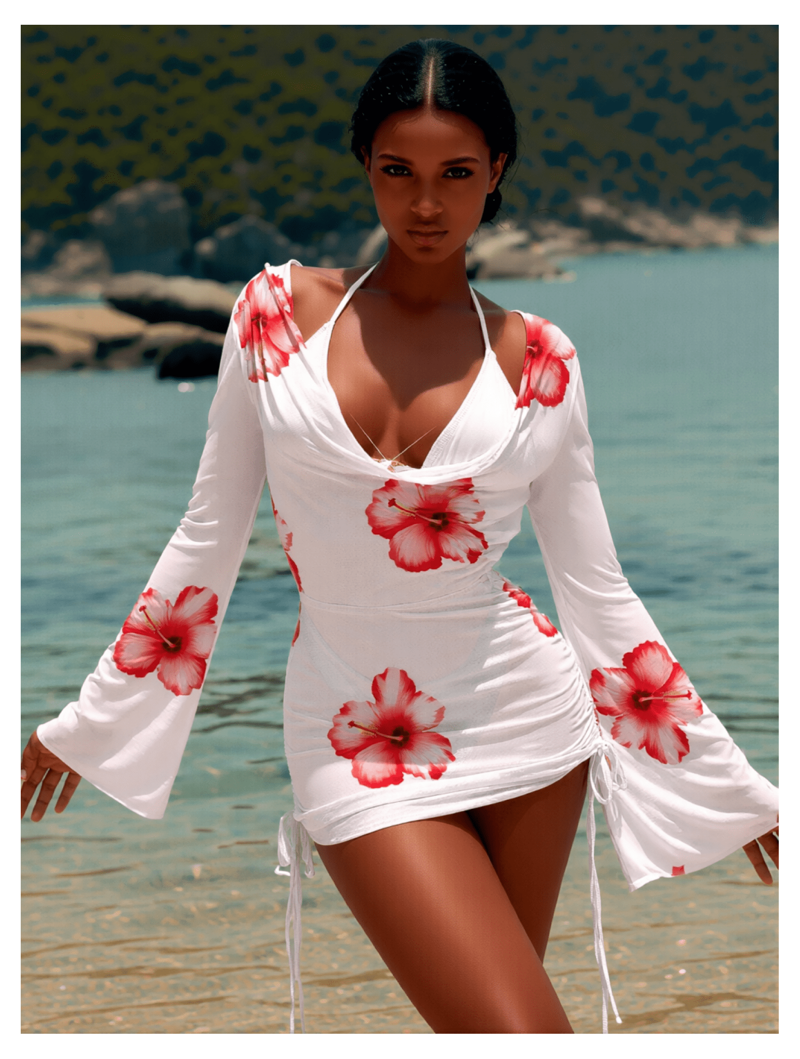 Floral Sun Protection Swimsuit Cover Up Set - Women's Halter Smock ...