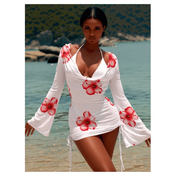 Floral Sun Protection Swimsuit Cover Up Set - Women's Halter Smock ...