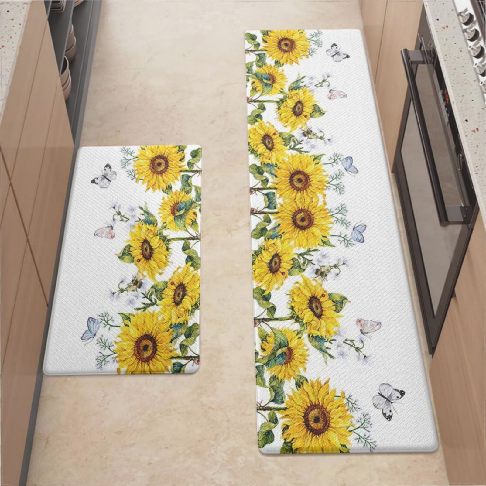 Floral Sunflower Butterfly Park Pvc Kitchen Mat Runner 2 Pieces Non ...
