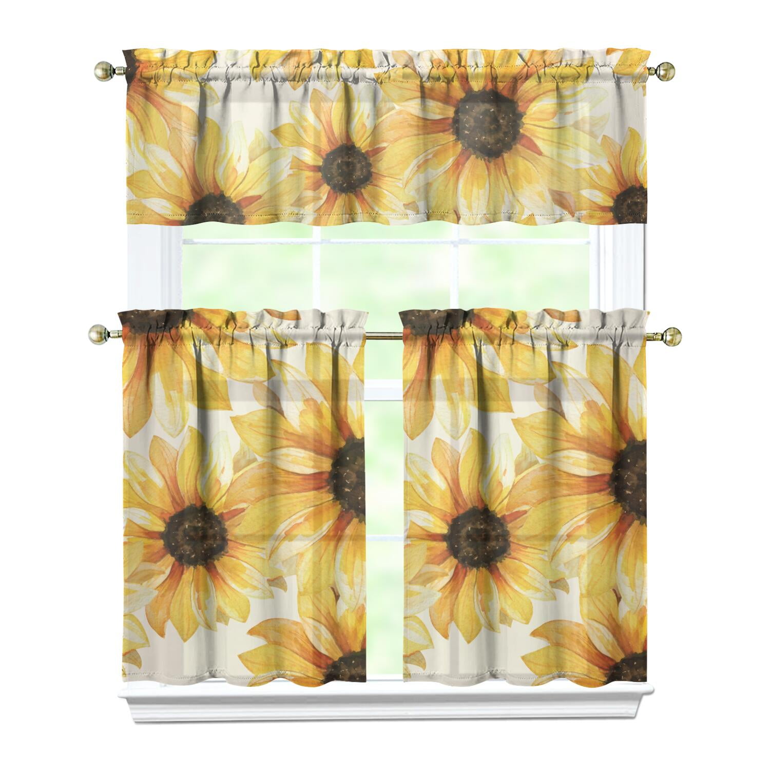 Floral Sunflower Kitchen Curtains Set - 3 PC Tier & Valance, Boho Farmhouse Window Panels ...