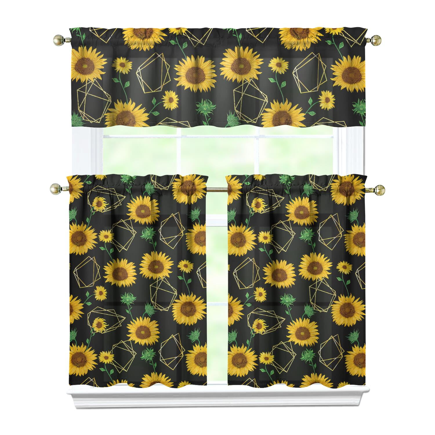 Floral Sunflower Kitchen Curtains Set - 3 PC Tier & Valance, Boho Farmhouse Window Panels ...