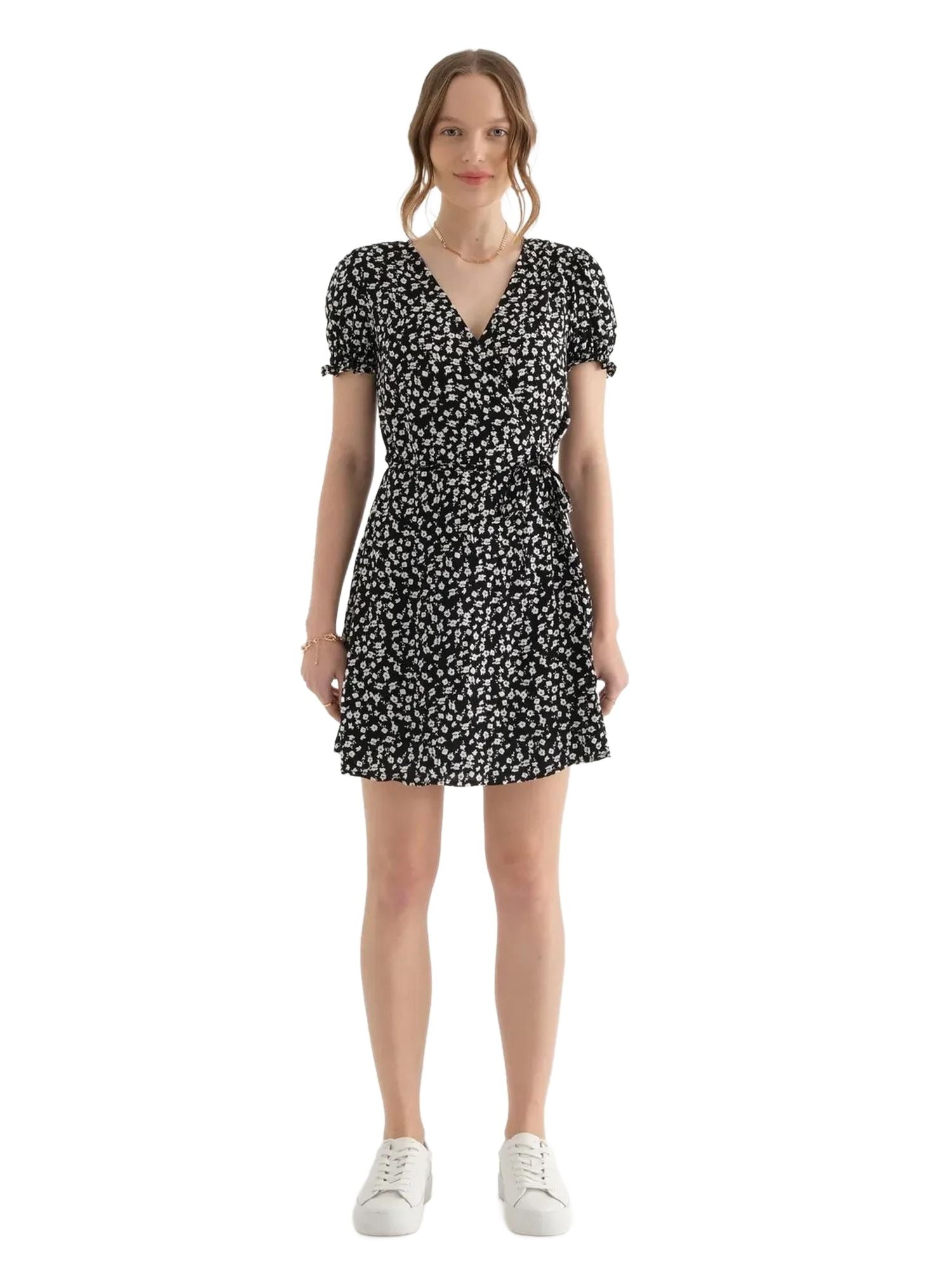 Floral Surplice Neck Puff Sleeves Mini Dress with a Drawstring ...