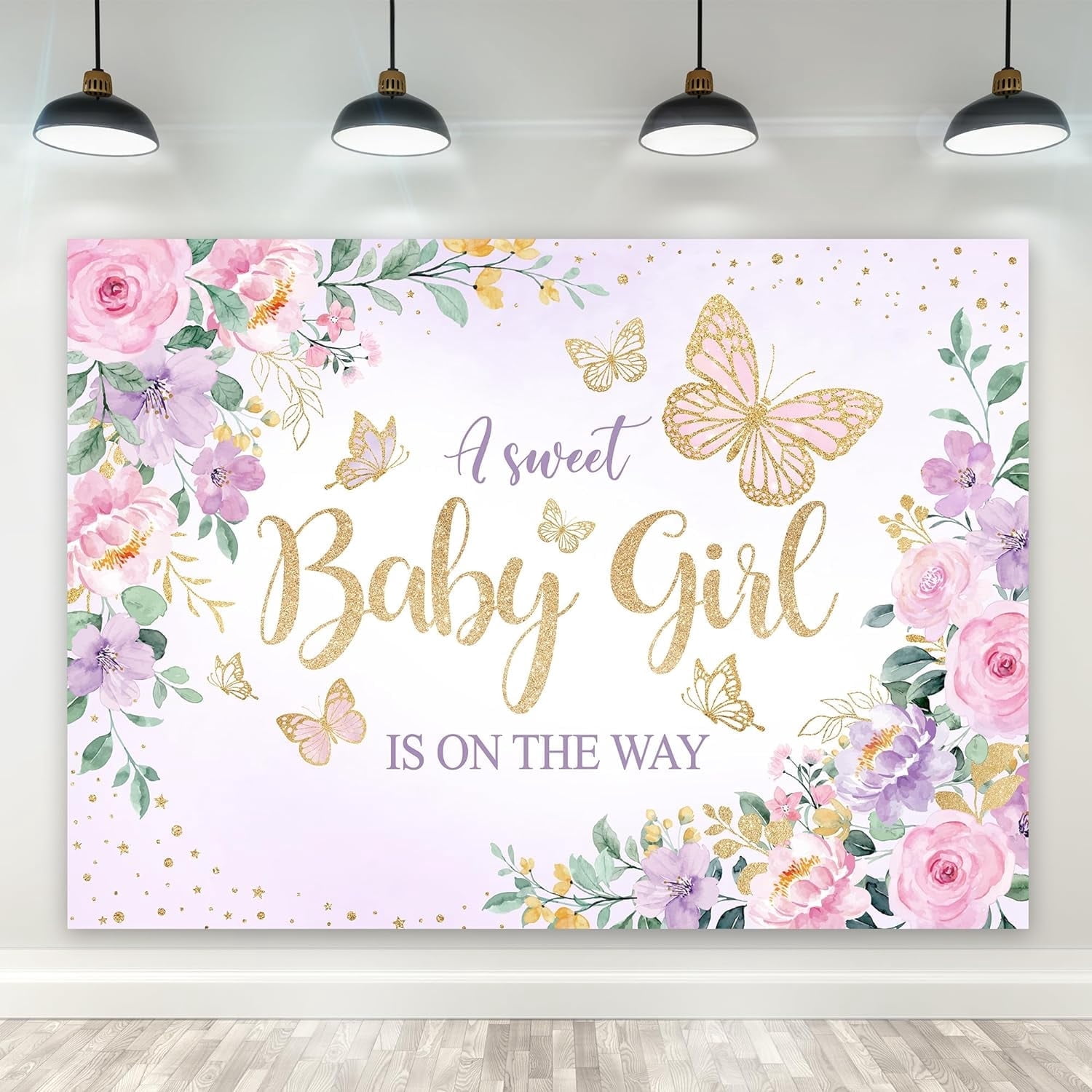 Floral Sweet Baby Girl Backdrop Butterfly Baby Shower Polyester Fabric ...