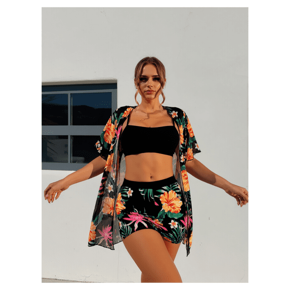 Floral Swimsuit Cover Up Set, Women's Beach Sun Protection Clothing; 3 ...