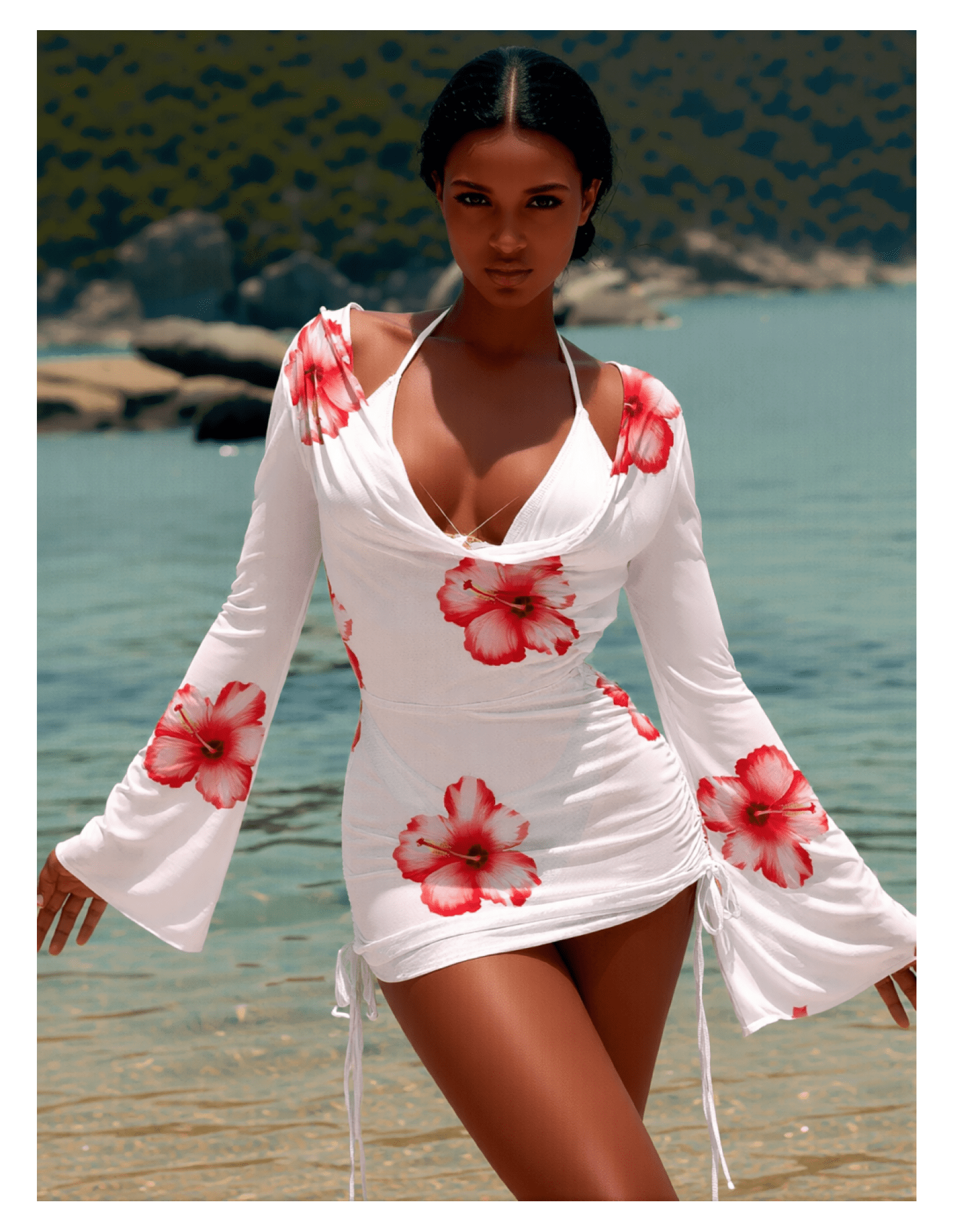 Floral Swimsuit Cover Up Set - Women's Halter Smock, Triangle Pants ...