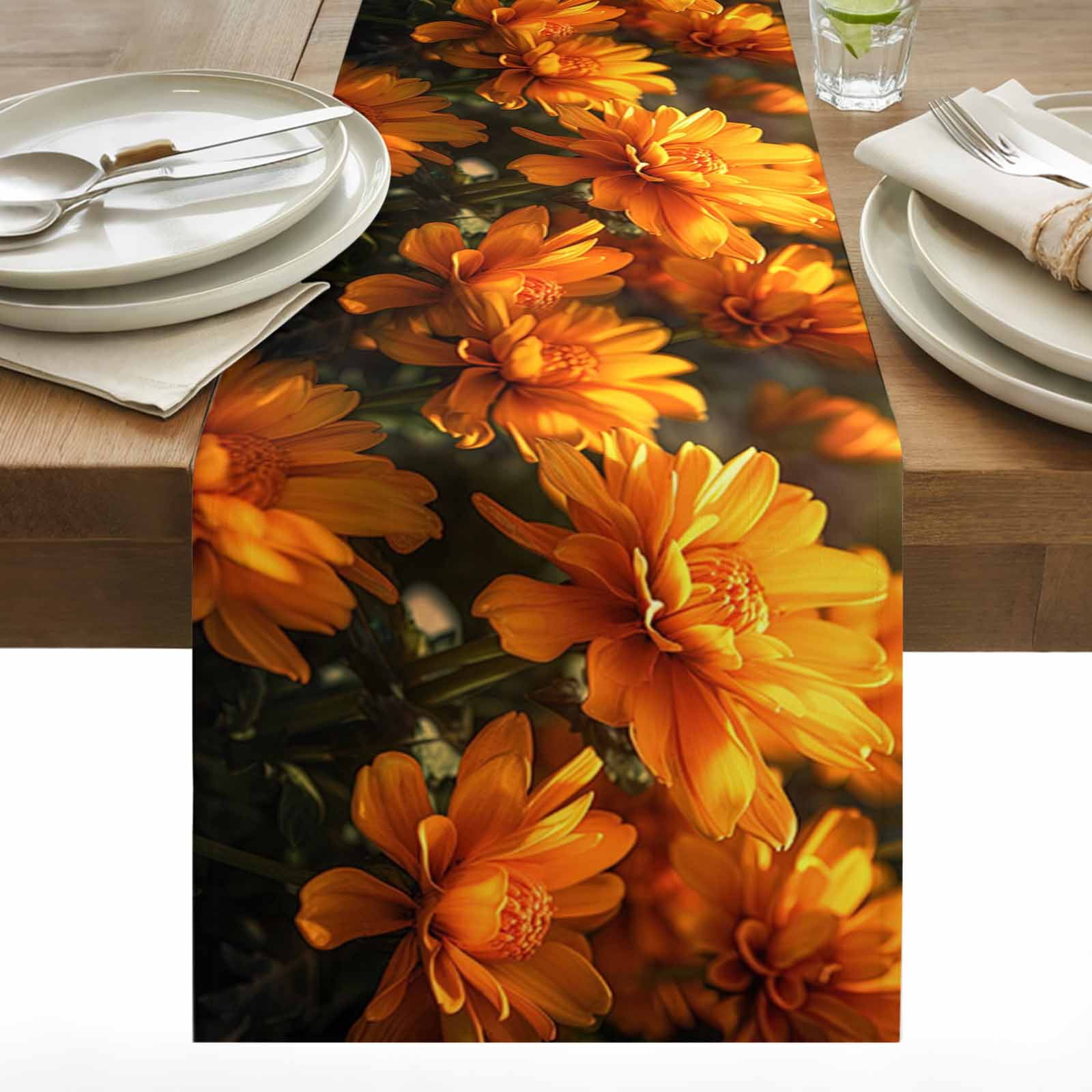 Floral Table Runner 13x108 inch Chrysanthemum Leaves Buds Nature ...