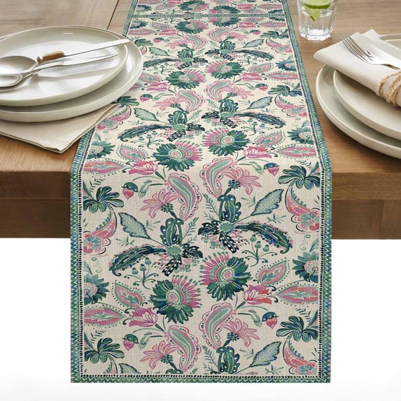 Floral Table Runner 13x120 inch Ethnic Flower Paisley Feather Green ...