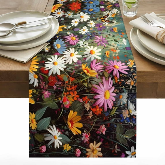 Floral Table Runner 13x120 inch Vintage Colorful Daisy Butterfly Nature ...