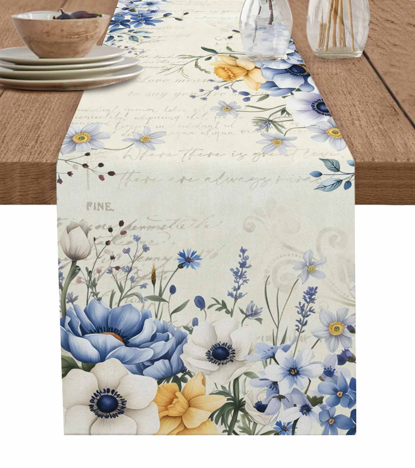 Floral Table Runner 13x36 Inch Blue Flowers Eucalyptus Leaves Farmhouse ...