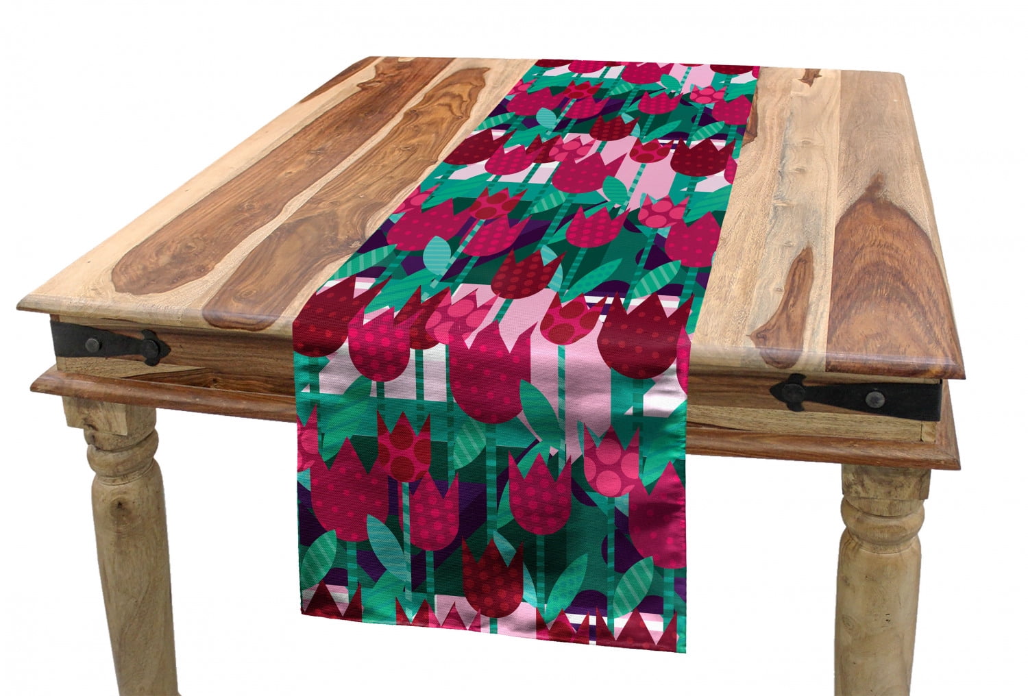Floral Table Runner, Abstract Art Flower Polka Dotted Tulips on ...