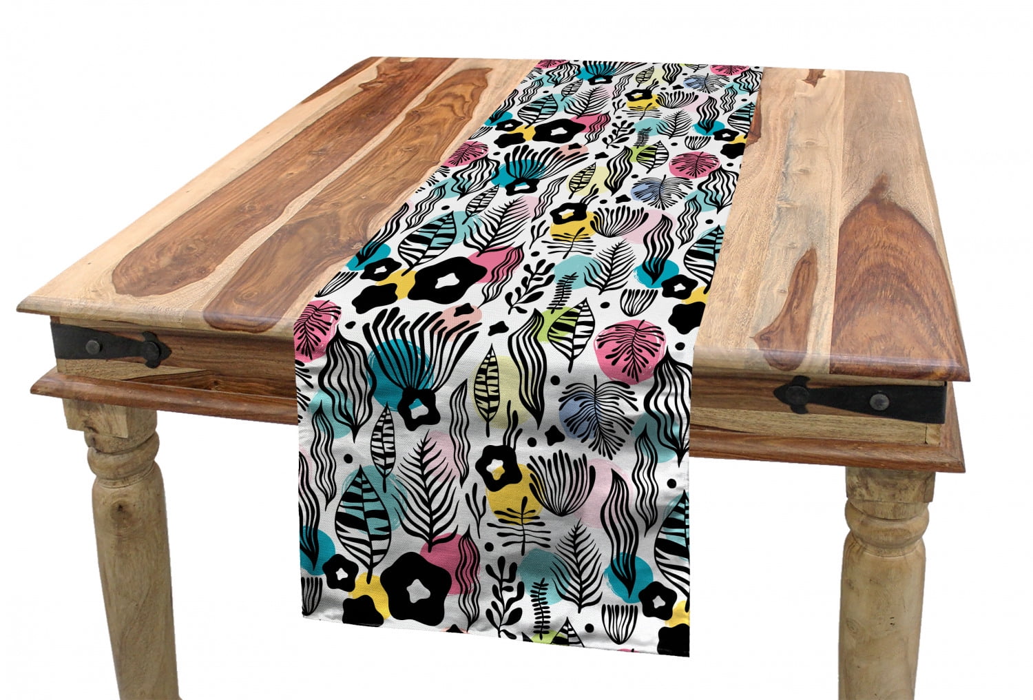 Floral Table Runner, Botanical Illustration in Doodle Art Style with ...