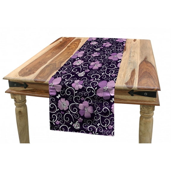 Floral Table Runner, Ornamental Flowers Design with Curvy Swirled ...