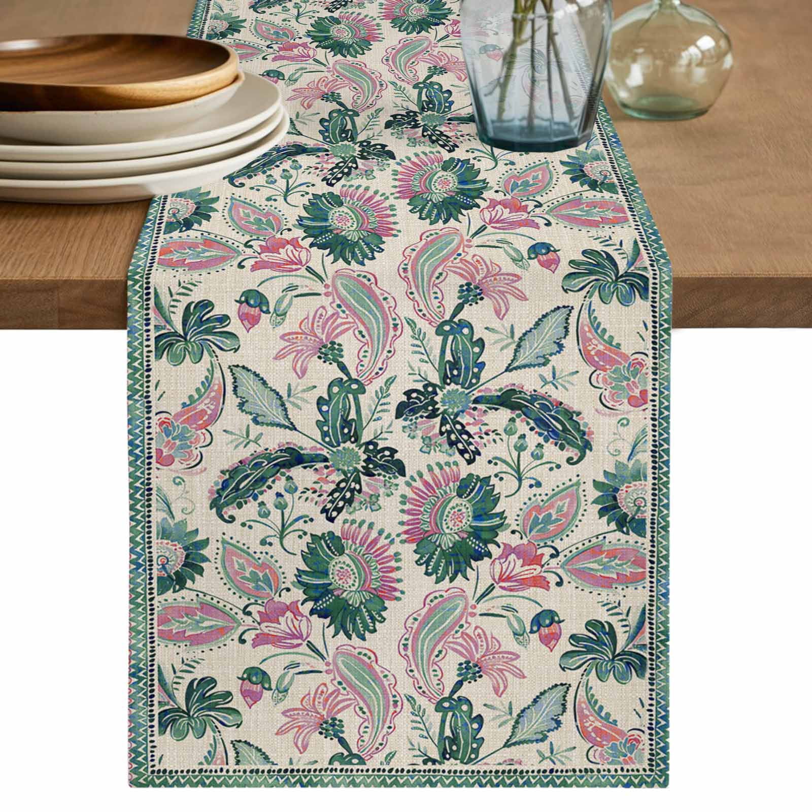 Floral Table Runner, Ethnic Flower Paisley Feather Green Linen Texture ...