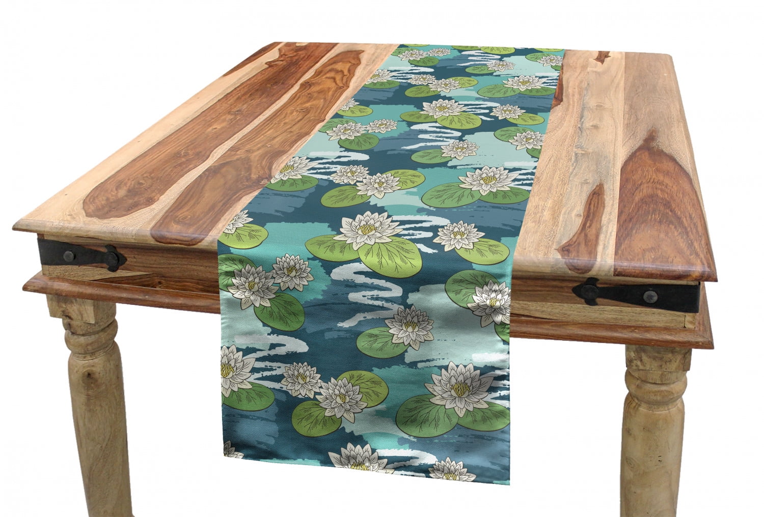 Floral Table Runner, Water Lily Flowers and Leaves on Wetland Themed ...