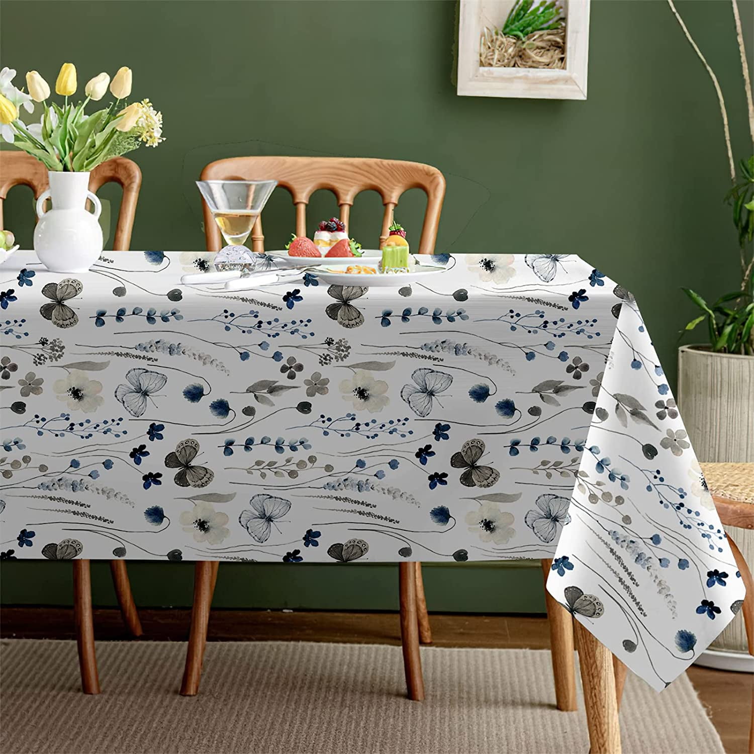 Floral Tablecloth 60 x 84 Inch Rectangle Blue and Gray Abstract ...