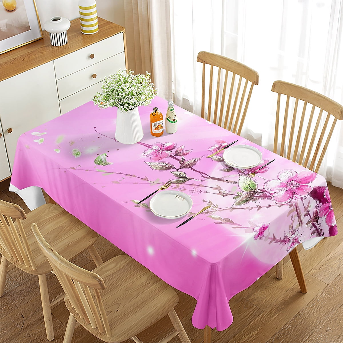 Floral Tablecloth Pink Flowers Green Leaves Pattern Rectangle Table ...