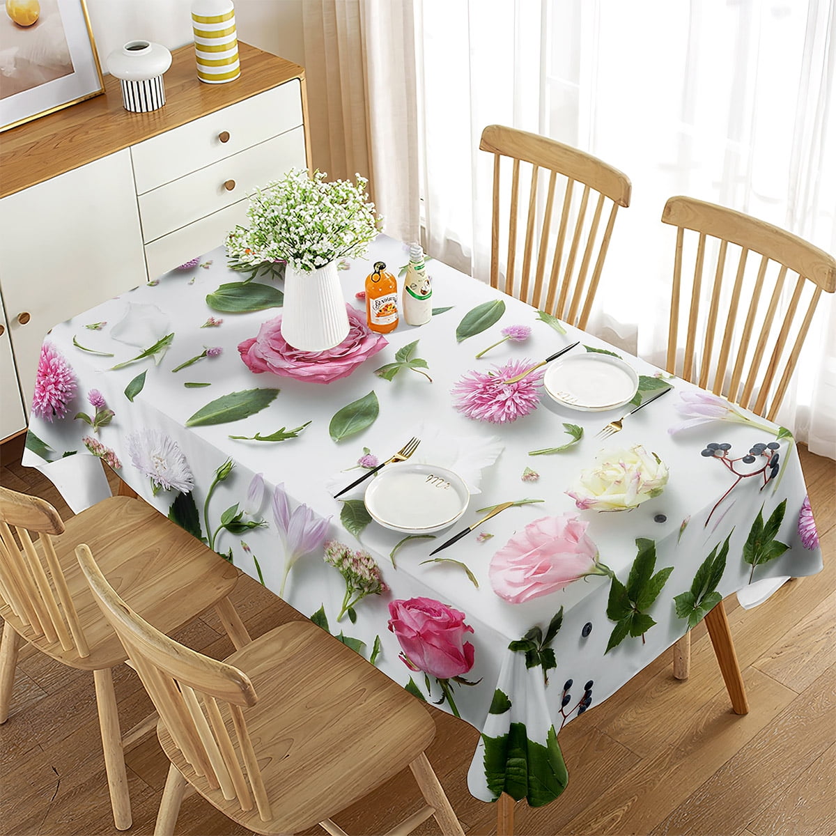 Floral Tablecloth Pink Flowers Green Leaves Pattern Rectangle Table ...