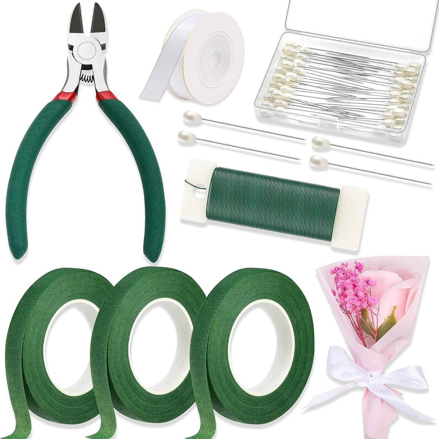 Floral Tape and Wire Arrangement Kit with White Ribbon, Boutonniere Pin ...