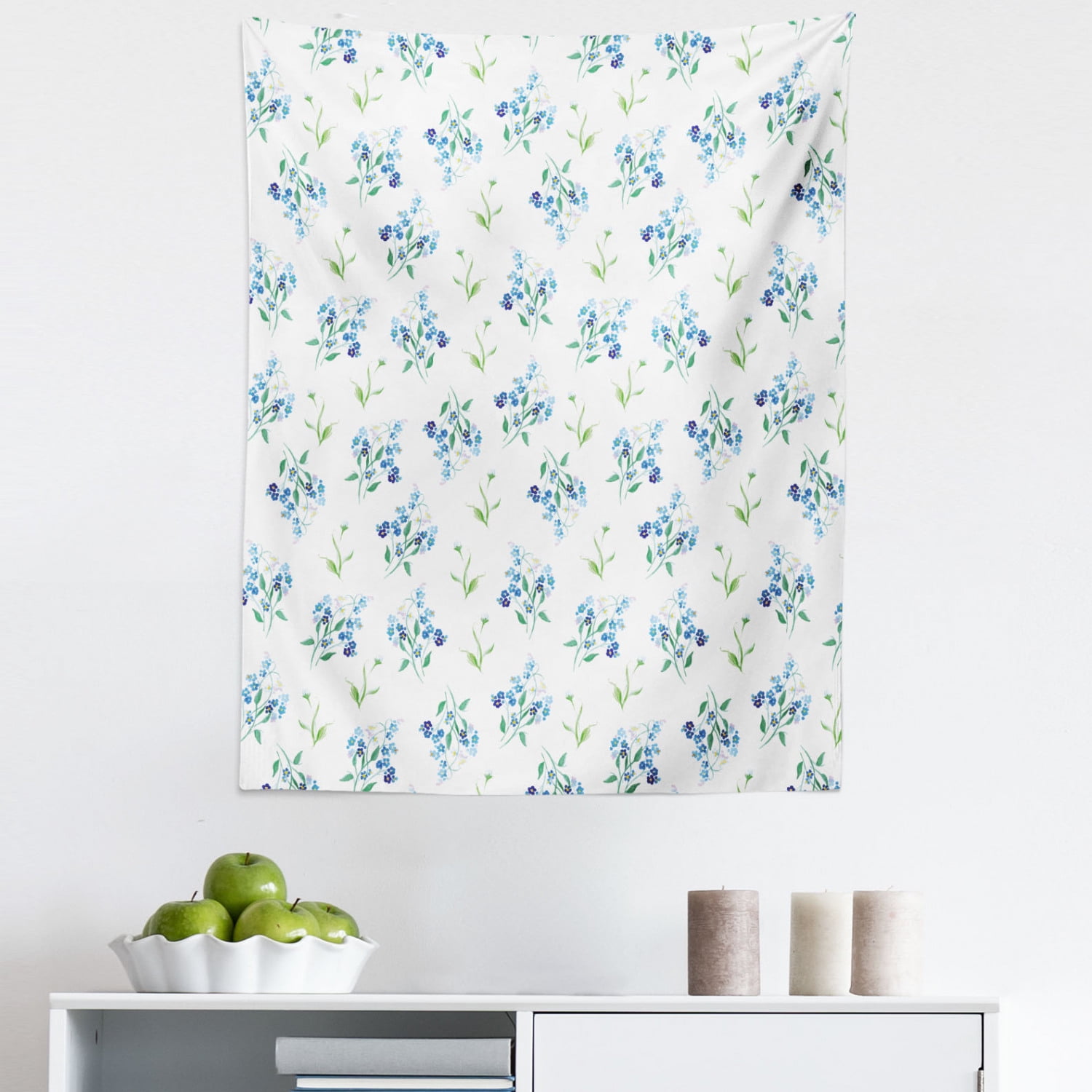 Floral Tapestry, Forget Me Nots Branches Flowers Leaves Blossoms on ...