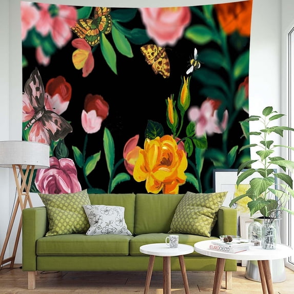 Floral Tapestry Wall Hanging for Bedroom, Green Leaf Plant Butterfly ...