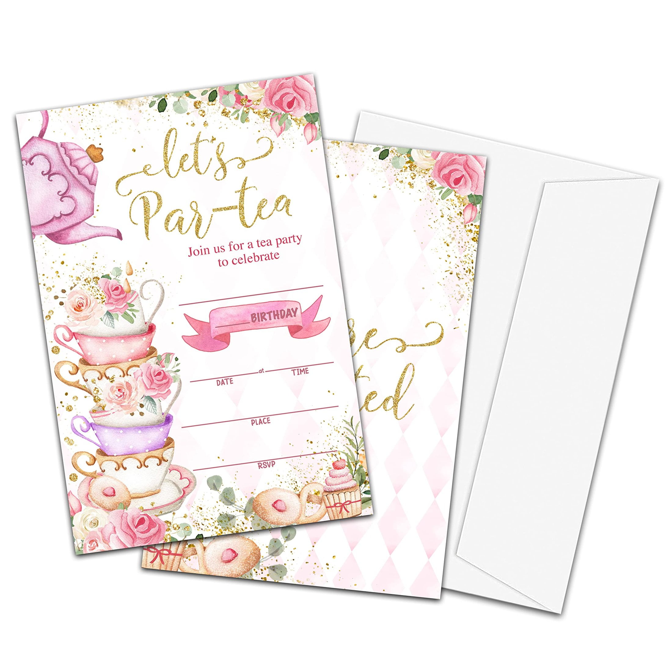 Floral Tea Party Invitations Set - 20-Pack Double-Sided Fill-In Cards ...