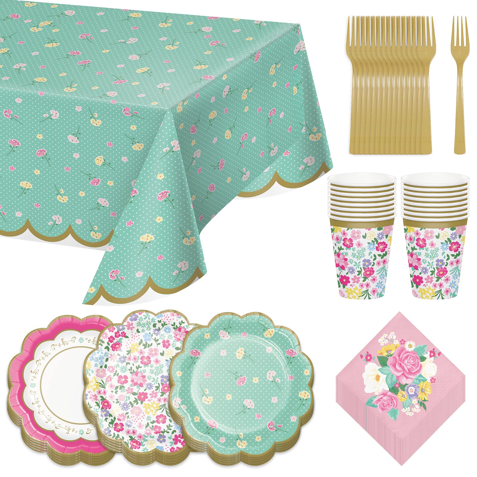 Floral Tea Party Supplies - Scalloped Paper Dessert Plates, Napkins ...