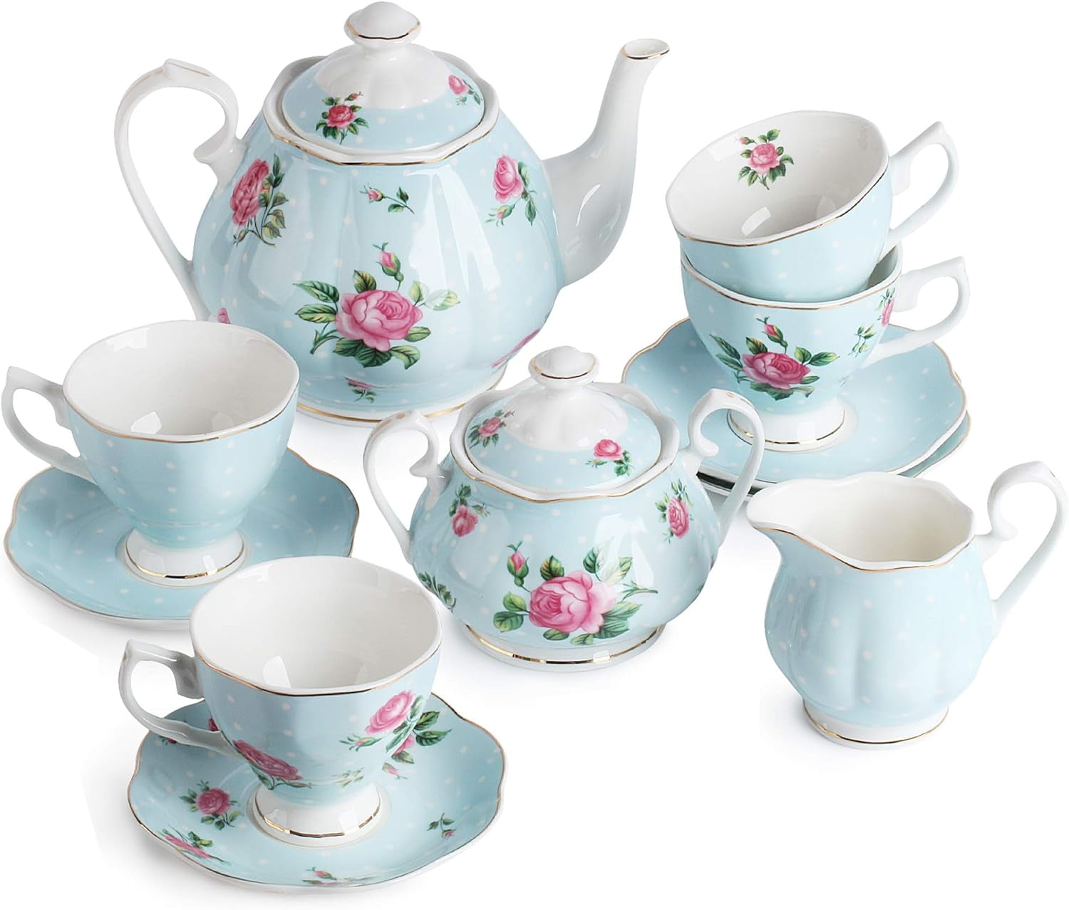 Floral Tea Set, Tea cups (8oz), Tea Pot (38oz), Creamer and Sugar Set ...