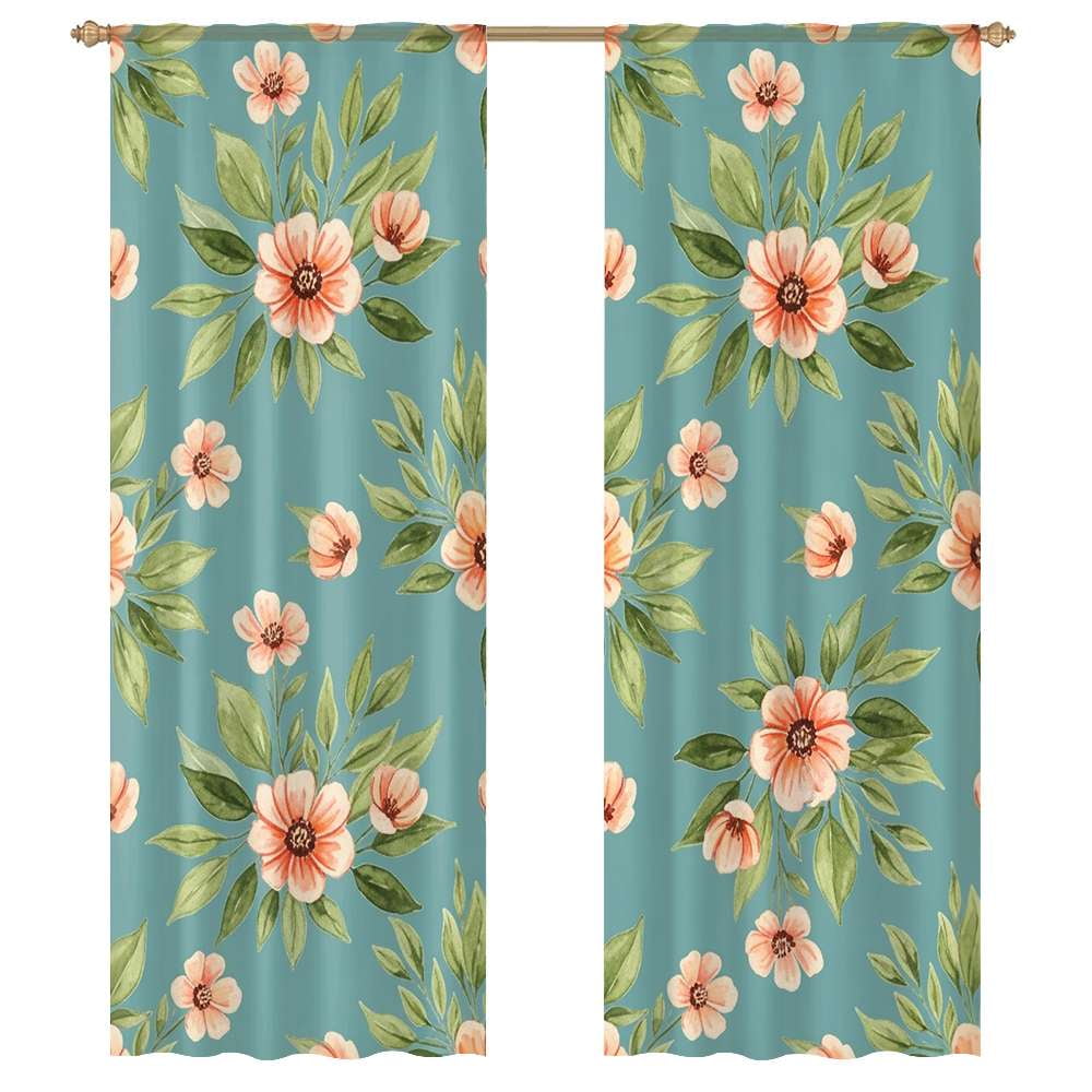Floral Teal Pattern Sheer Voile Curtain Window Tulle Curtains For ...