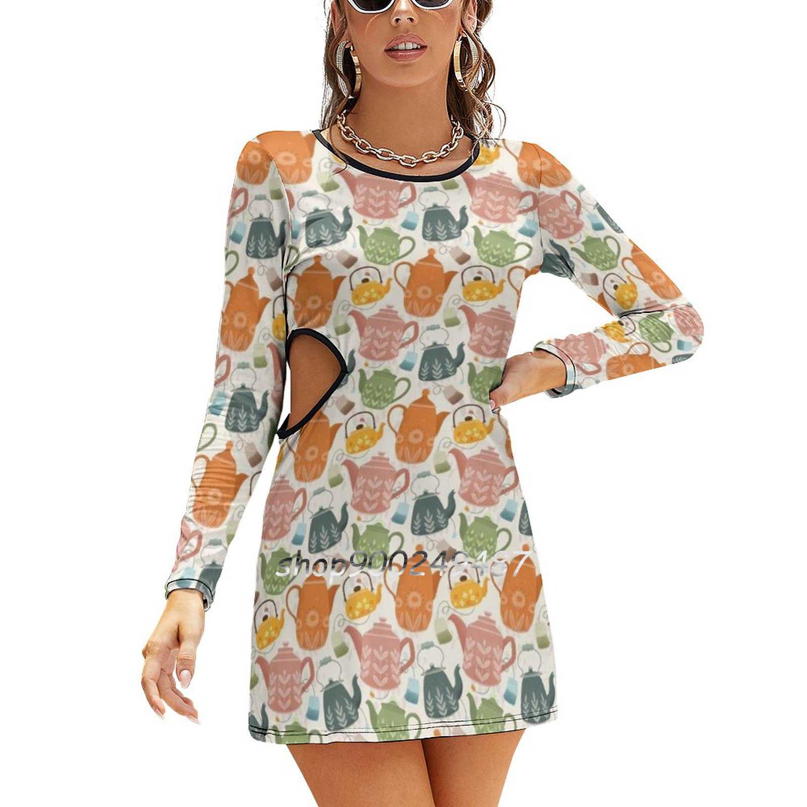 Floral Teapots Flare Dress Square Neck Dress Elegant Female Fashion ...