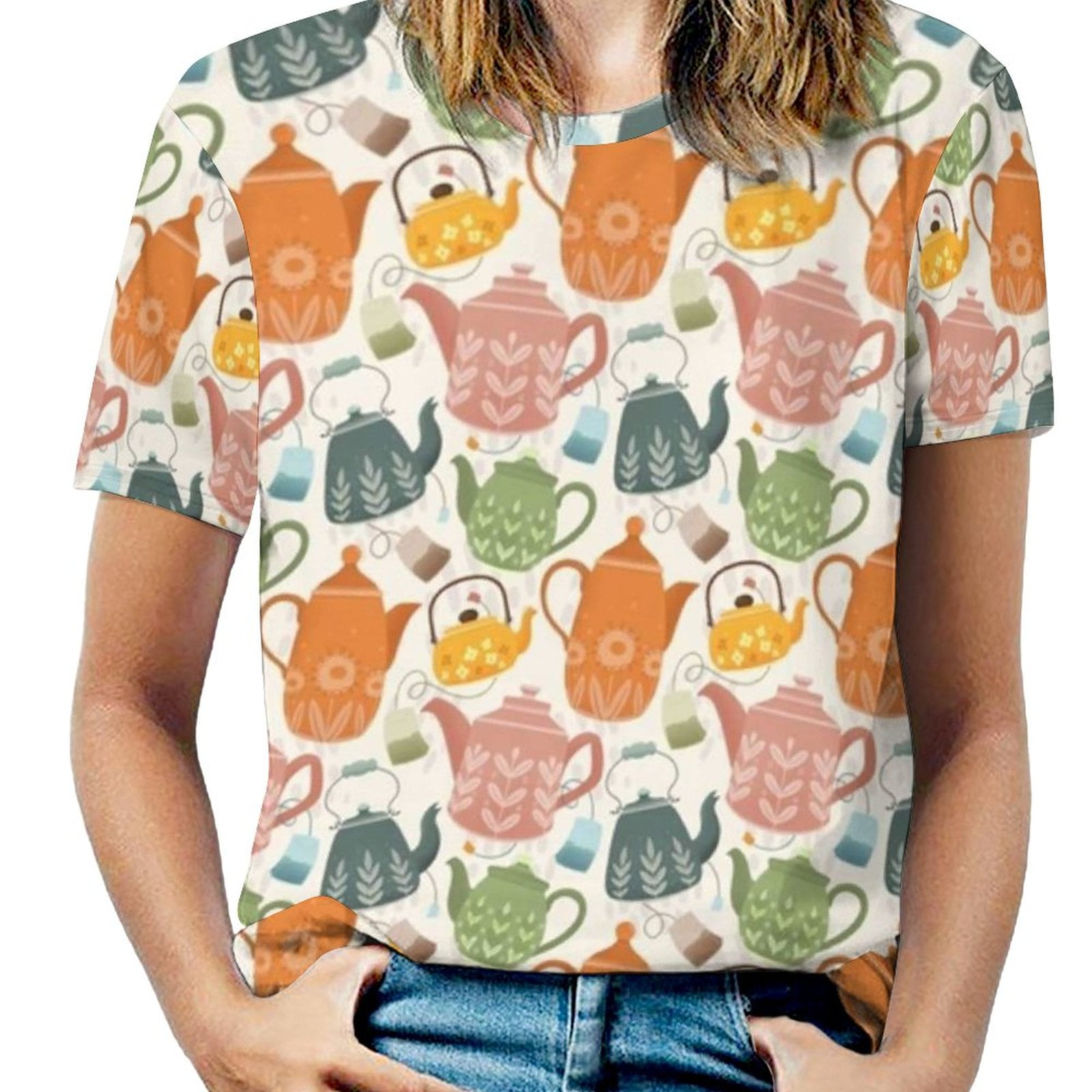 Floral Teapots New Fashion Zip Off Shoulder Top Short-Sleeve Women ...