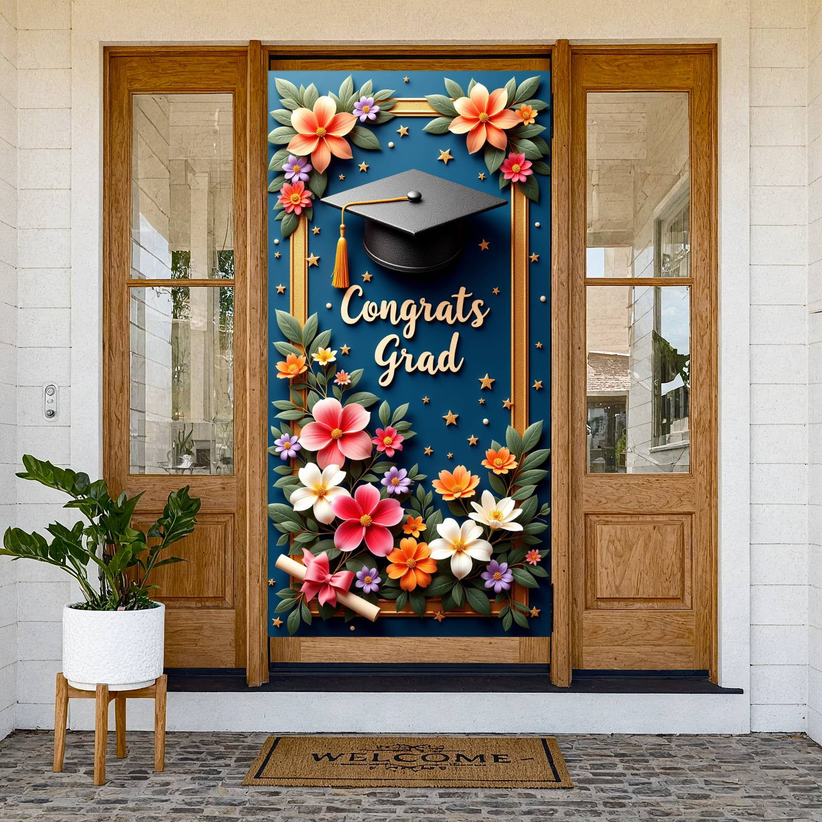 Floral Theme Congrats Grad Banner Golden Stars Graduation Display ...