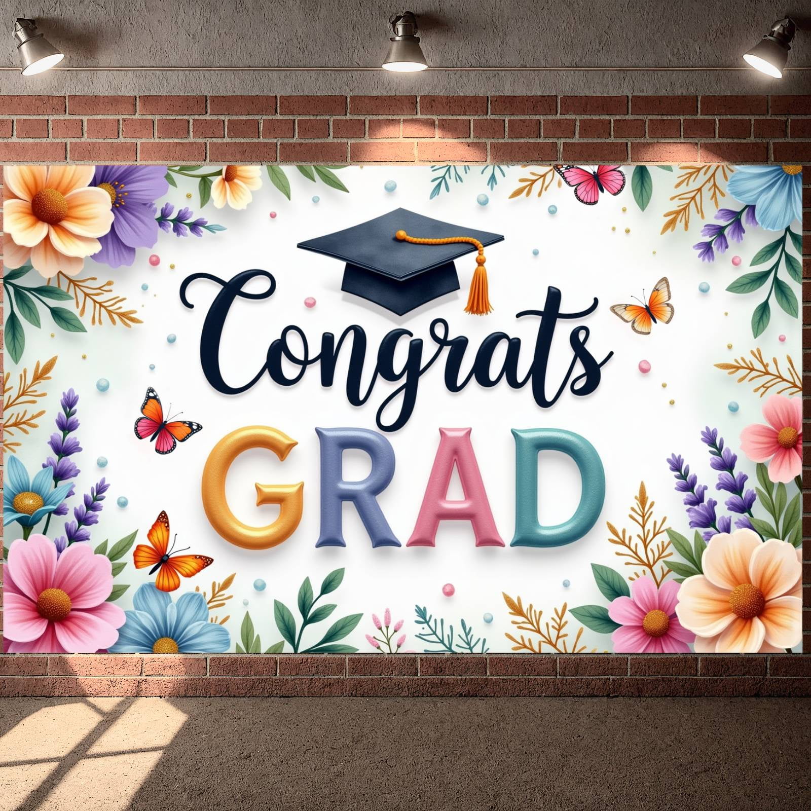 Floral Theme Graduation Banner Butterfly Decor Grad Backdrop Colorful ...