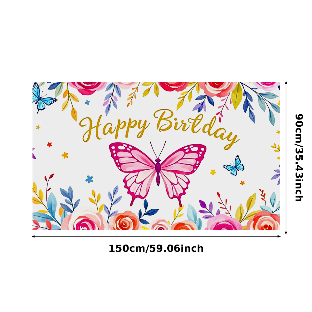 Floral Themed Happy Birthday Banner with Butterflies Background Party ...