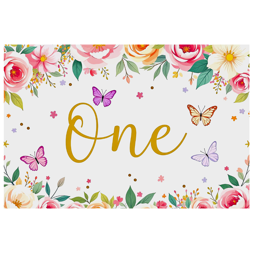 Floral Themed One Year Old Backdrop Banner with Butterflies Party ...