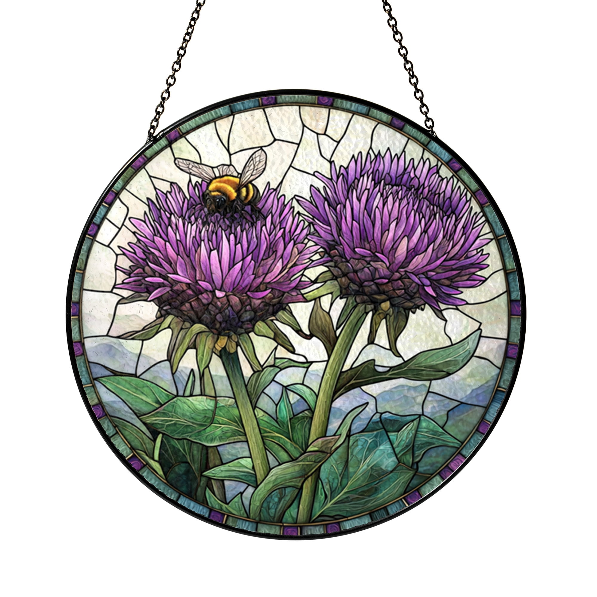 Floral Thistle with Bee Art Glass Style Decorative Window Hanging ...