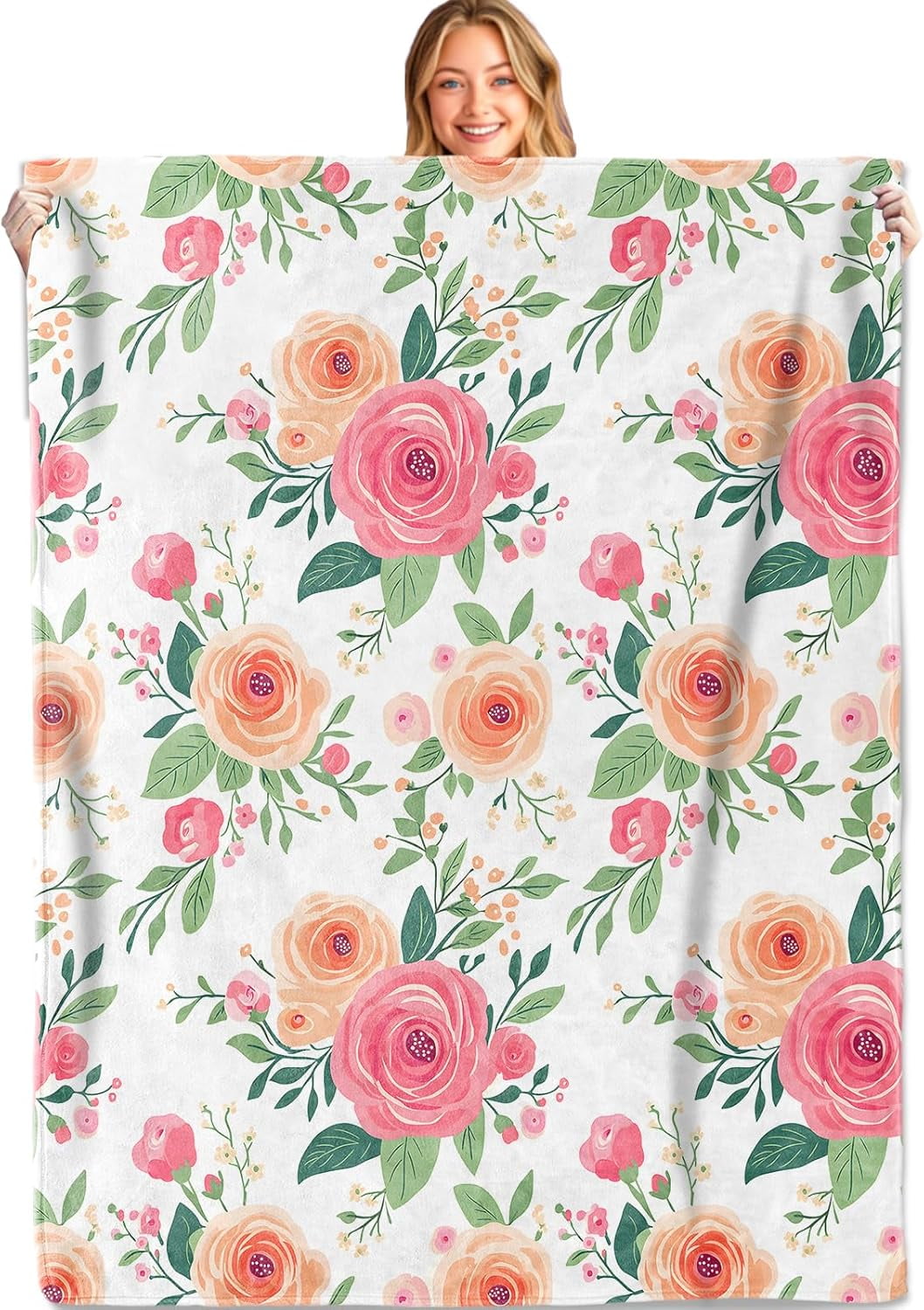 Floral Throw Blanket,40x50in,Soft,Lightweight Flannel, Peach and Pink ...