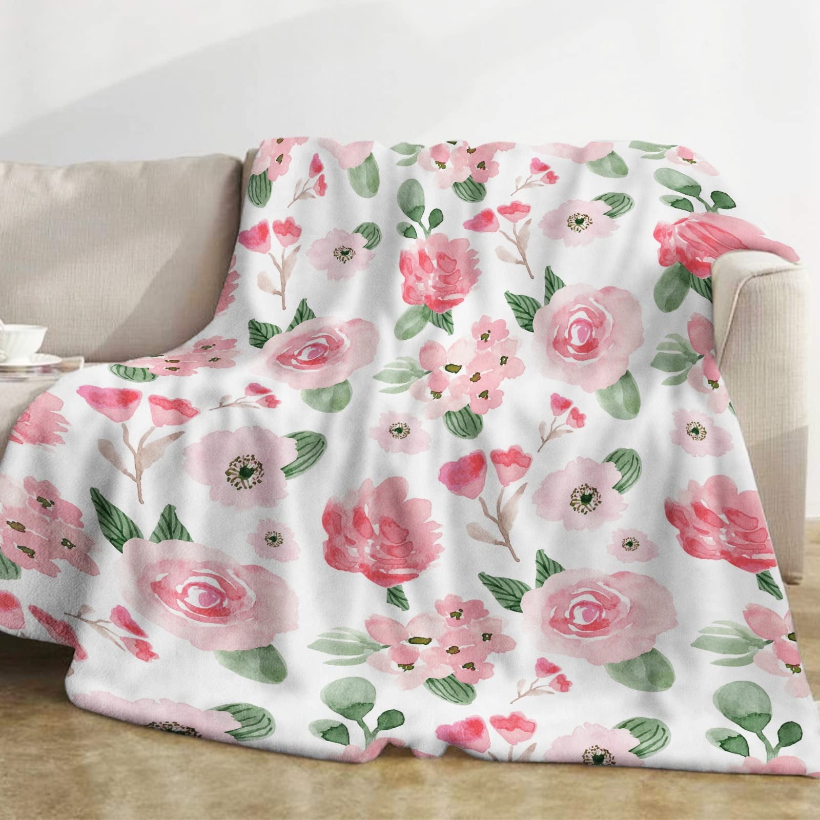 Floral Throw Blanket, Pink Rose Floral Throw Blanket, Soft Cozy Flannel ...