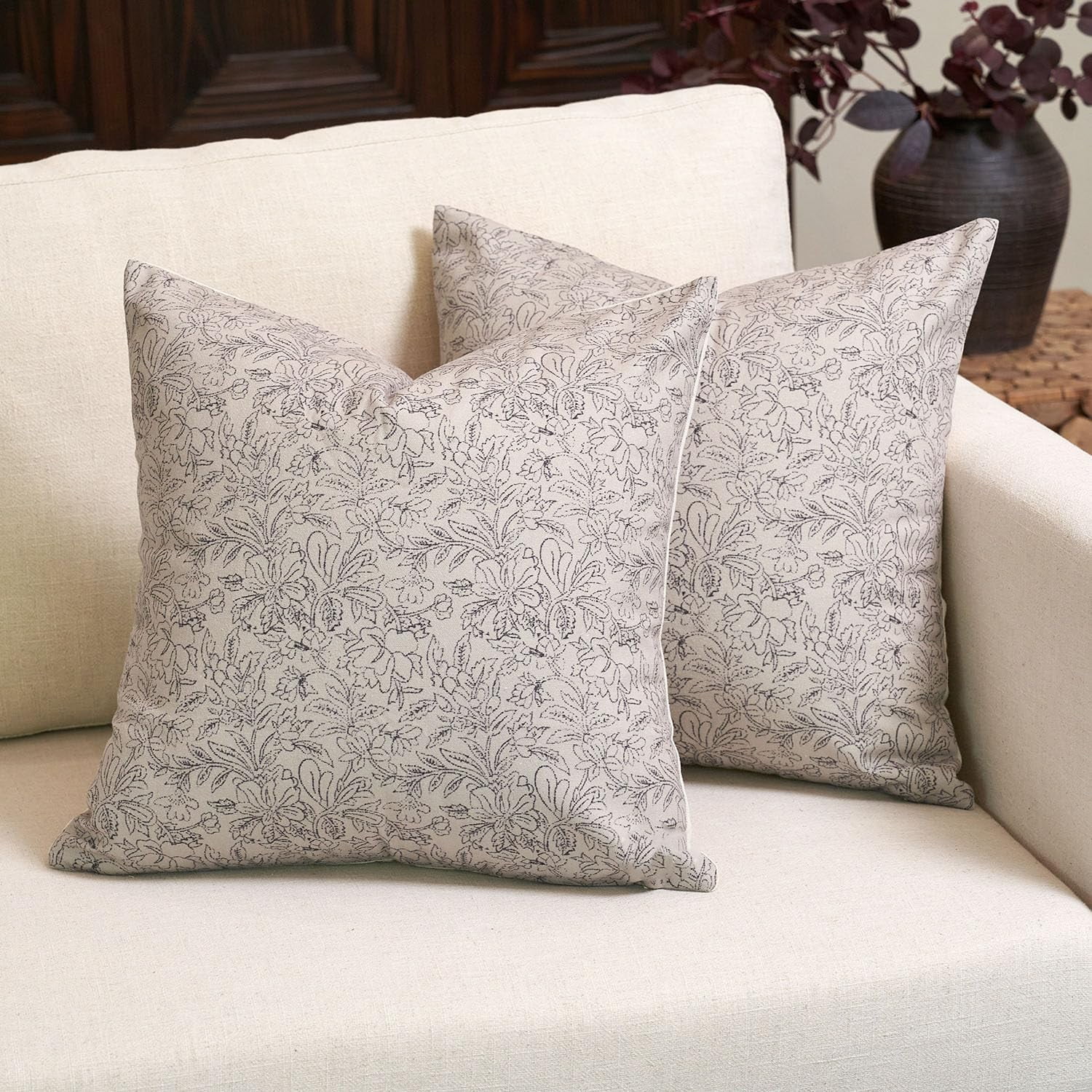 Floral Throw Pillow Covers 18x18 Set of 2 Vintage Block Print Pillow ...
